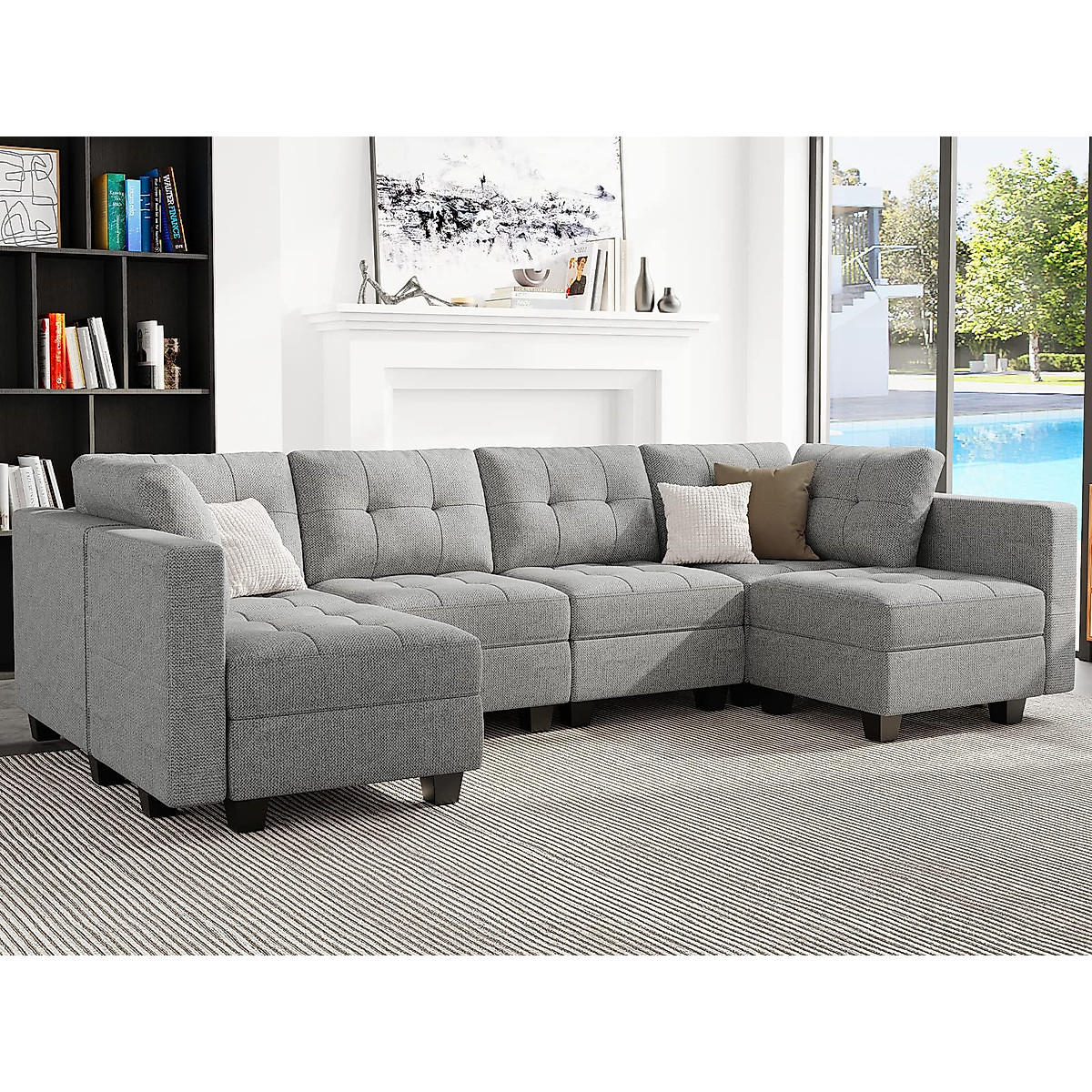Belffin Modular U Shaped Sectional Sofa Couch with Reversible Chaises 6-seat Sectional Couch with Storage Seat Modular Sectional Set with Ottomans Light Grey