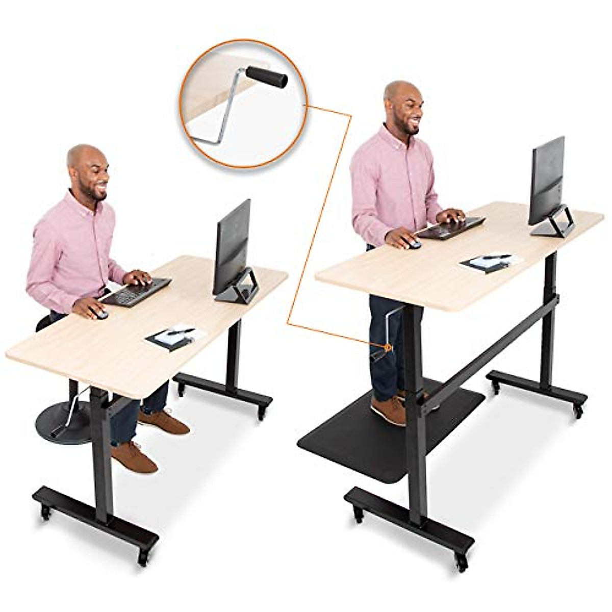 Stand Steady Tranzendesk | 55 Inch Standing Desk with Detachable Wheels | Crank Height Adjustable Sit to Stand Workstation | Modern Ergonomic Desk Supports 3 Monitors  (Maple)