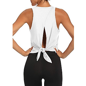 Bestisun Open Back Workout Tops Tie Back Exercise Athletic Dance Running Shirts White M