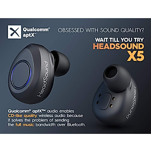 HeadSound X5 True Wireless Earbuds Headphones, CVC 8.0 Noise Reduction, Bluetooth 5.0 APTX HD Sound In Ear Totally Wireless Earphones, 32Hr Play Auto Pairing IPX7 Sweatproof Sport Headset,Built in Mic