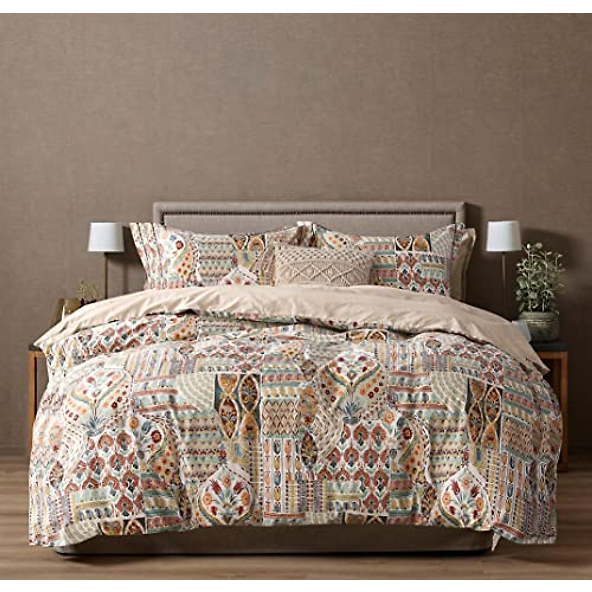 SLEEPBELLA Duvet Cover Queen Size, 600 Thread Count Cotton Beige & Dark Red Printed with Luxurious Botanical Pattern Boho Comforter Cover Sets, Bedding Set 3Pcs (Queen, Beige-Bohemian)