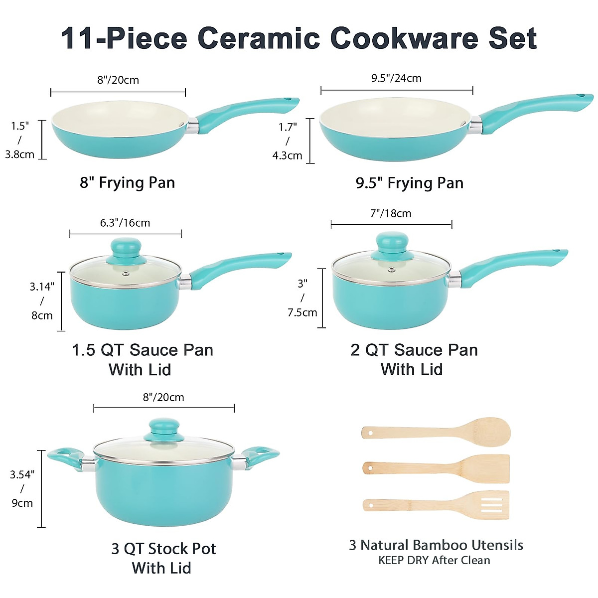 M MELENTA Pots and Pans Set Nonstick, 11pcs Kitchen Cookware Sets Induction Cookware, Ceramic Non Stick Cooking Set, Stay Cool Handle & Bamboo Kitchen Utensils, 100% PFOA Free, Turquoise