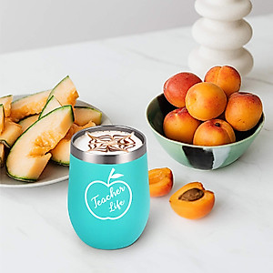 Teacher Gifts, Teacher Life Wine Tumbler with Lid, Teacher Appreciation Christmas Birthday Gifts for Women Teachers Professors Coworker, Insulated Stainless Steel Stemless Wine Tumbler (12 Oz, Mint)
