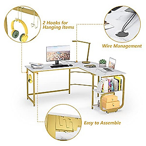 Merronix L Shaped Desk with Storage Shelves, Reversible Corner Computer Desk for Home Office, Modern Gaming L Desk with Spacious Desktop, White Marble and Gold