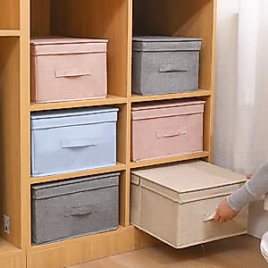 FIHAP Collapsible Storage Bins with Lids for Clothes, Sturdy Fabric Storage Cubes Container, Foldable Closet Organizer, Stackable Box for Bedroom Sheets Blankets Toys, 3 Pack, Grey
