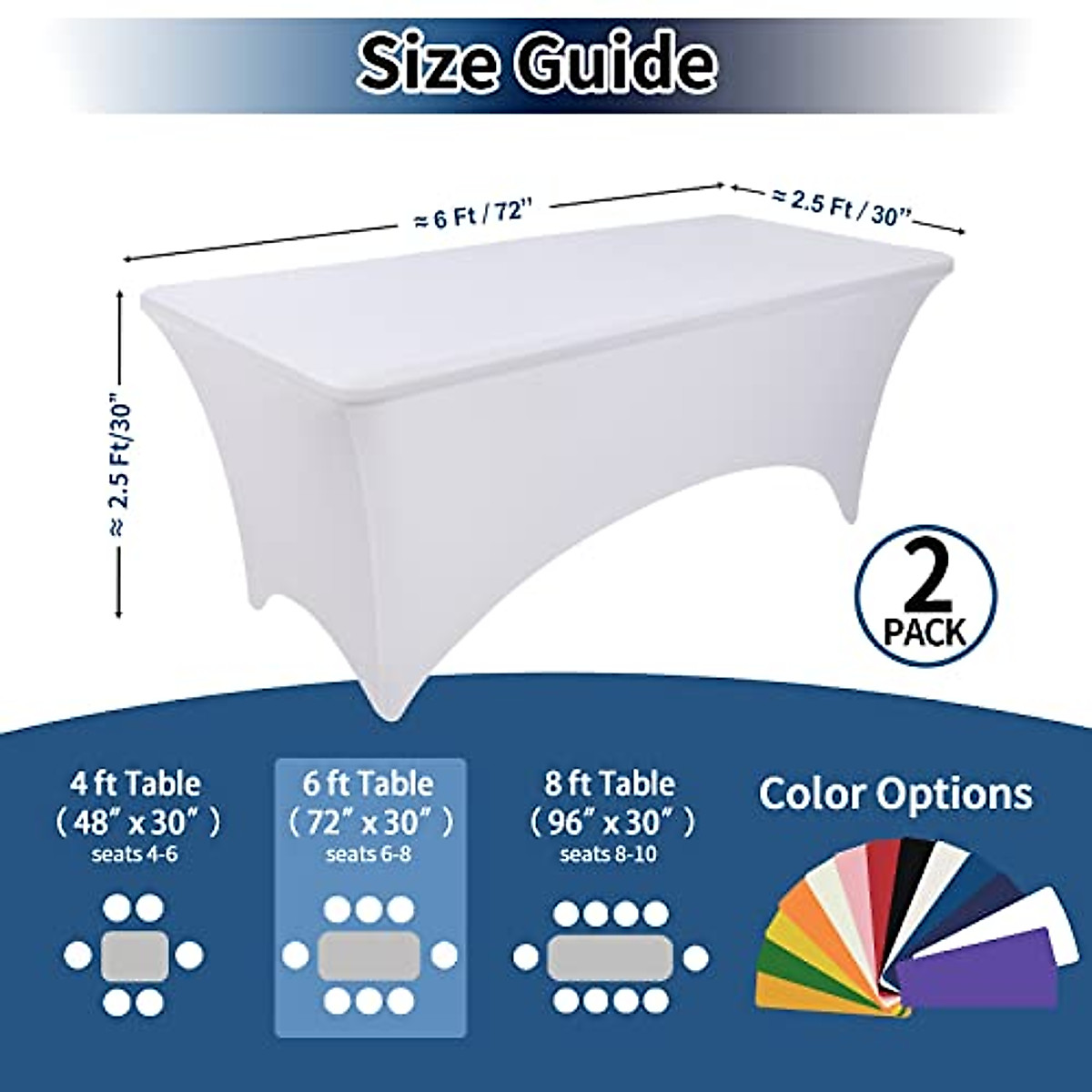 PureFit Spandex White Table Covers 6ft Fitted Table Clothes for 6 Foot Rectangle Tables, Elastic Massage Table Cover, Stretch Wrinkle Free Tablecloth for Party, Wedding, Banquet, Vendor Stand, 2 Pack