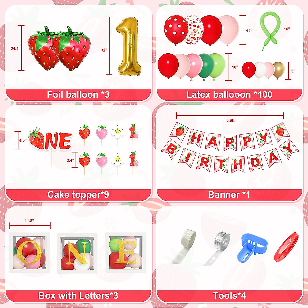 Amandir 162Pcs Strawberry Birthday Party Decorations Strawberry Balloons Garland Arch Kit Berry First Birthday Party Supplies for Baby Shower Girls Summer Fruit Party Decor