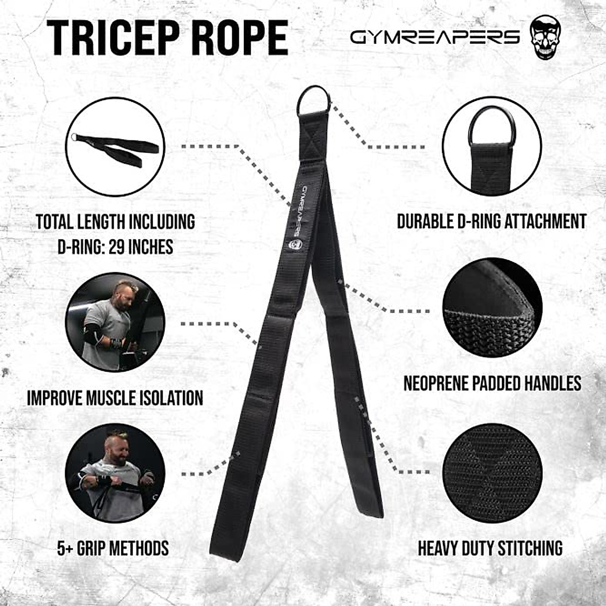 Gymreapers Tricep Rope Cable Attachment (3 Lengths Built in One) Multi-Workout Rope Tricep Pull Down Extension - Perfect for Gym/Home Use