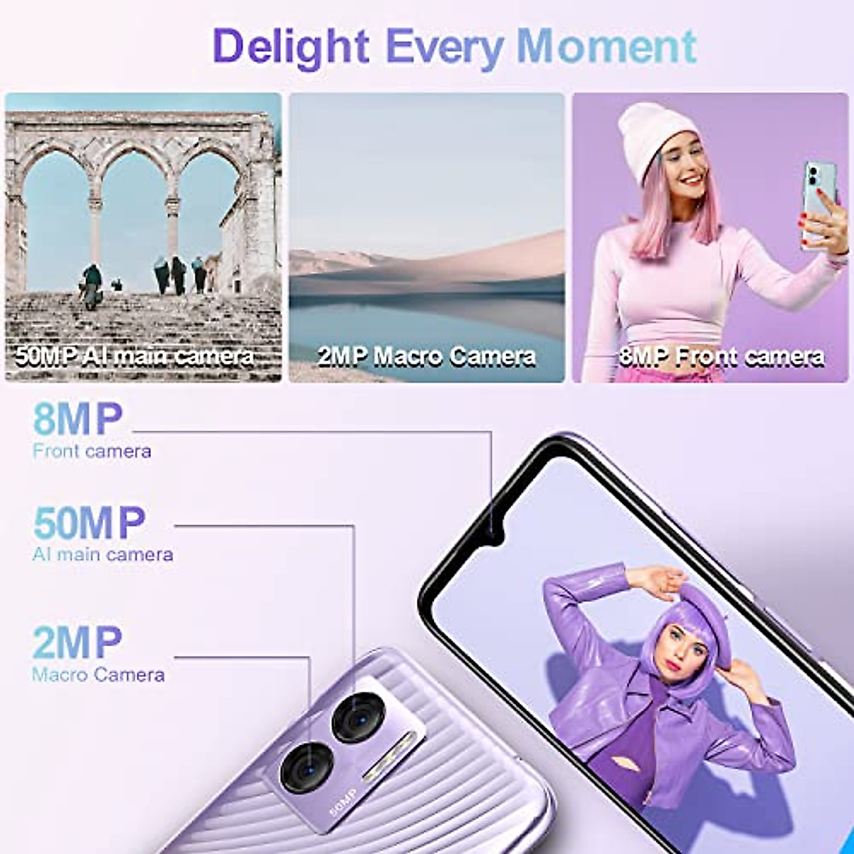 DOOGEE N50 2023 Unlocked Cell Phone, 15GB+128GB Android 13 Smartphone, 6.52" Display Android Phone, 50MP AI Camera Dual 4G Phones Unlocked, 90dB Loud Speaker, OTG, Fingerprint, T-Mobile - Pink