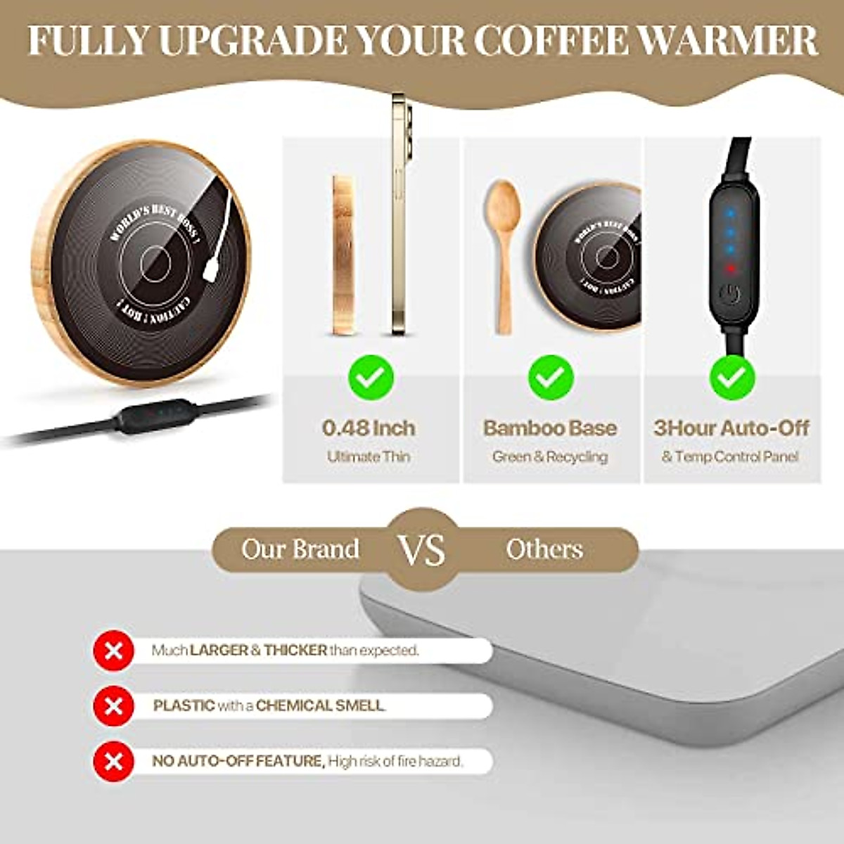 Coffee Mug Warmer, Candle Warmer Plate with 3 Hour Auto Shut Off, 3 Heat Setting Mug Warmer for Desk, Coffee Warmer with Handmade Wooden Base, Electric Heated Warmer, Temperature Safety Control