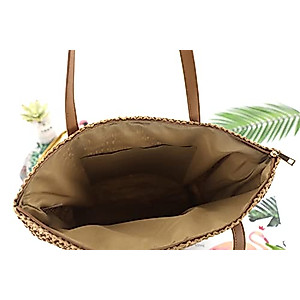 Large Straw Beach Bag for Womens, Straw Handbag Woven Tote Bag With Zipper Summer Straw Shoulder Bag (Beige)