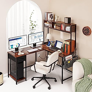 Yoobure L Shaped Desk with Power Outlet, Reversible L Shaped Computer Desk with Storage Shelf and Drawer, Corner Desk with Storage Bag, 2 Person Home Office Desk, Industrial Gaming Desk with USB Ports