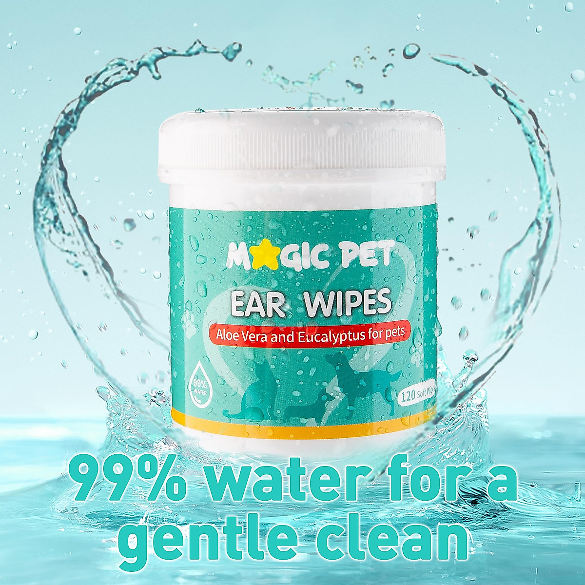 Magic Pet - Dog Ear Cleaner Wipes — 120 Grooming Wipes W/Aloe Vera & Eucalyptus — Gentle 99% Water Pet Ear Wipes for Odor & Wax Removal — Otic Dogs & Cats Ears Cleanser Itch-Free Pet Grooming Supplies