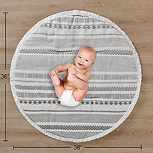 Sweet Jojo Designs Grey Boho Tribal Bohemian Boy Girl Unisex Baby Playmat Tummy Time Infant Play Mat Jacquard Aztec Gender Neutral Modern Geometric Stripes Gray Off White Ivory Textured Tufted Fringe