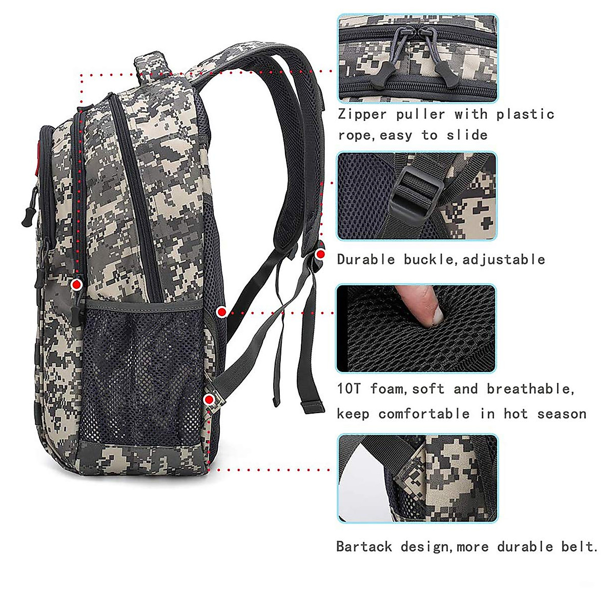 Camo Backpack, 40L Boys Backpack for School, Camouflage MOLLE Bookbag with USB Charging Port