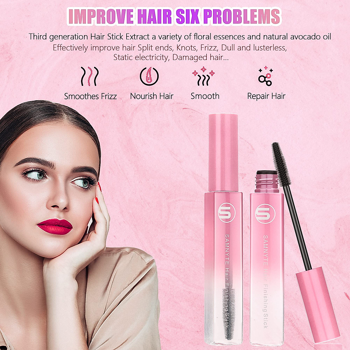 Hair Finishing Stick, 2pcs Hair Mascara for Flyaway Tamer, Fly Away Hair Tamer Stick for Enhance Gloss of Hair, Anti Frizz Broken Hair Baby Hair Flash Moment Flyaway Stick, Non-Greasy (pink)by Samnyte