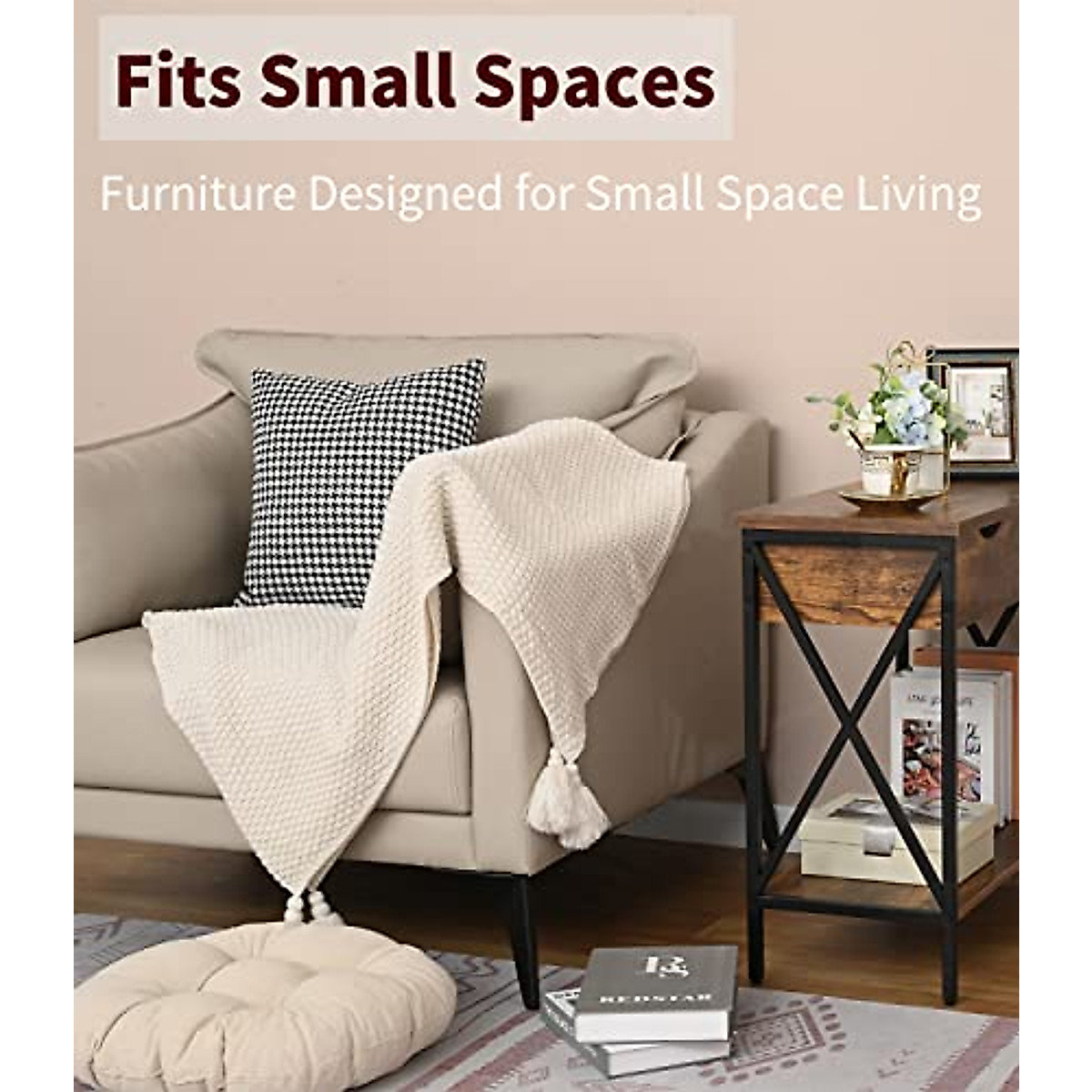 WEENFON Side Table Set of 2, End Tables with Storage, 2 Tier Sofa Table for Small Space, Flip Top Narrow Nightstand, Bedside Tables, X-Shaped Enhanced Legs, Tall Couch Table for Living Room, Bedroom