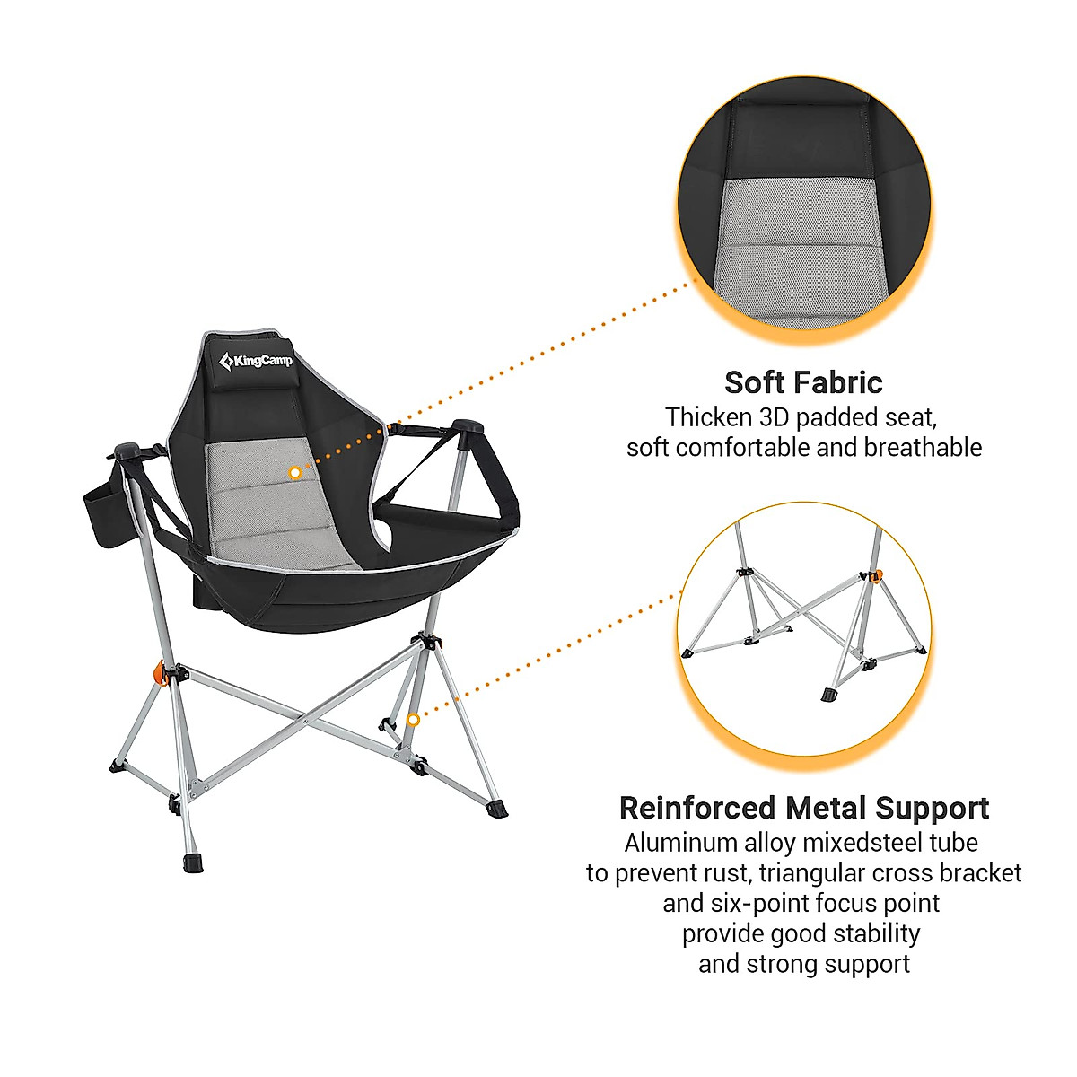 KingCamp Hammock Camping Chair Folding Rocking Chair Heavy Duty Portable Swing Recliner Chair with Pillow for Outdoor Lawn Backyard Picnic, Black