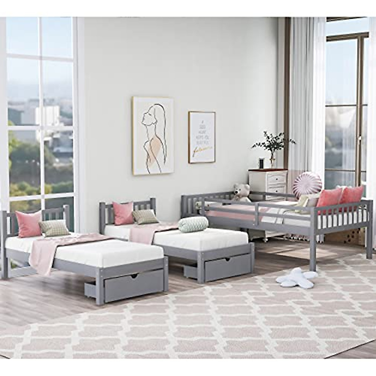 MOOLO 3-1 Full Over Twin, Twin Bunk Bed, Wood Triple Bunk Bed with Drawers and Guardrails for Kids Teens Adults(Color:Gray)