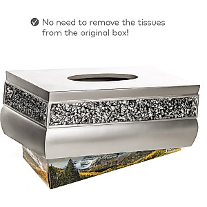Crackled Glass Silver Tissue Box Cover Rectangular - Decorative Bling Tissue Box Holder with Beautiful Mosaic Glass - Elegant Tissue Holder for Bathroom with Durable Bottom Slider (Silver Collection)