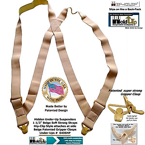 Holdup Tan 1 1/2" Hip-Clip Style Under-Ups Suspenders for Men with the Patented Composite plastic Gripper Clasps
