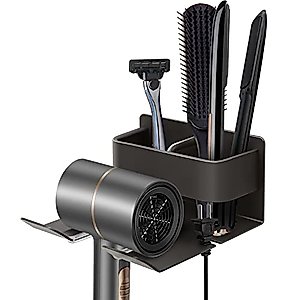 DAZUINIAO Hair Dryer Holder Wall Mounted Self Adhesive Blow Dryer Holder Rack with Plug Hook Aluminum Alloy Bathroom Hair Tool Organizer Compatible with Most Hair Dryers Gray