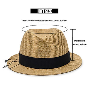 Straw Fedora-Sun-Hats for Women Men Summer Short Brim Roll Up Trilby Hat Packable Panama-Jazz Beach Hat(Size:M) Khaki