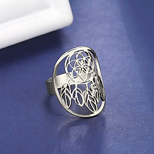 Dreamtimes Dream Catcher Ring for Women Fashion Hollow Out Dream Rings Stainless Steel Adjustable Finger Rings Feather Forest Leaf Rings Tassel Bohemian Retro Ethnic Rings