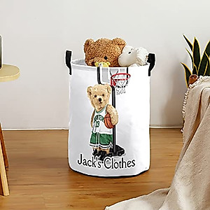 Grandkli Basketball Teddy Bear Personalized Freestanding Laundry Hamper, Custom Waterproof Collapsible Drawstring Basket Storage Bins with Handle for Clothes, Toy, 50cm x 36cm