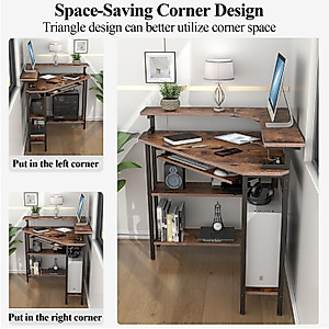 Auromie Corner Desk with Charging Station & LED Light, Triangle Corner Desk with Monitor Stand & Keyboard Tray for Small Space, Gaming Computer Desk with Storage Shelves for Home Office (Rustic)