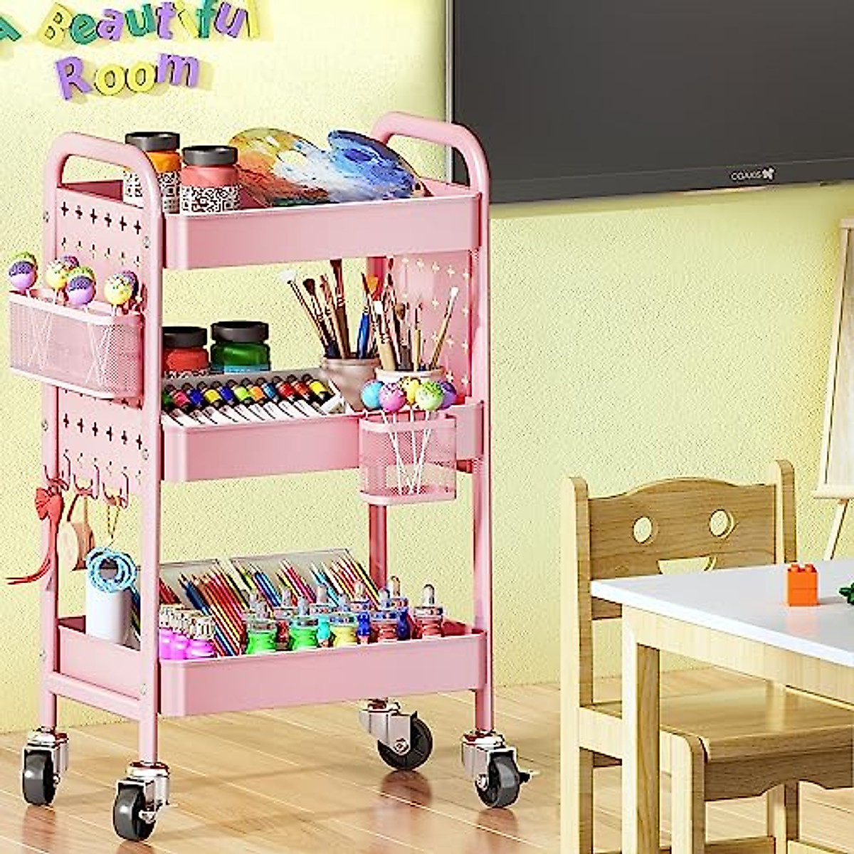 3 Tier Rolling Cart Organizer - Utility Cart on Wheels, Metal Pink Rolling Storage Cart with DIY Dual Pegboards, Removable Baskets Hooks, Teacher Rolling Art Cart for Office, Home, Kitchen, Classroom