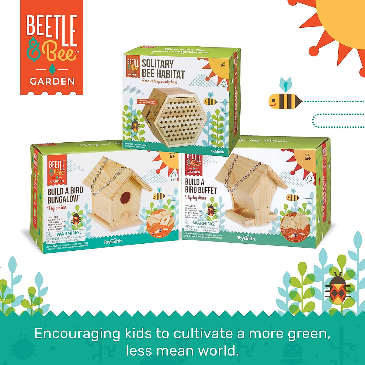 Beetle & Bee Build A Bird Bungalow - DIY Kid Art Craft Outdoor Birdhouse Kit, House Painting Kit for Kids, Hardware Glue Included- 4 Paints, 1 Brush, 7 Wooden Pcs, Chain For Tree Hanging Age 5+