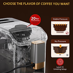 GarveeHome Espresso Maker with Automatic Milk Frother One Touch Control, Coffee Maker Built-in Grinder, 15 Brewing Options, Super Automatic Convenience, 1350W, Gold Gray