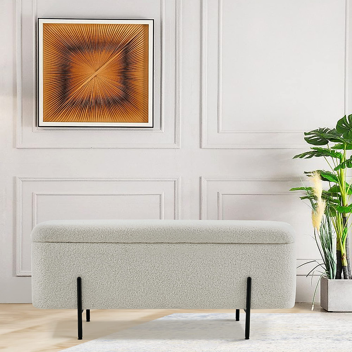 MCombo Storage Ottoman Bench, Teddy Fabric Upholstered Footstool with Storage Space, Bed End Bench for Bedroom, Living Room, Entryway W709 (White)