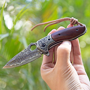 SPIRIT DEED edc pocket knife for men,2.5in japanese handmade vg10 damascus steel,rosewood handle,liner lock,leather sheath,folding knives for camping and hunting (rosewood, 2.8)