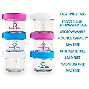 PreppyBaby 4 oz Glass Baby Food Storage Containers with Lids - Pack of 12 Reusable Dishwasher & Microwave Safe Food Jars w/ 2 Bamboo Infant Spoons, Recipe Booklet & Non-Toxic Easy Erase Marker (Blue)