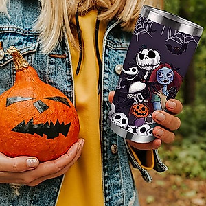 Zzkol Halloween Jack Sally Tumbler with Lid and Straw, Night. m are be. Fore Xmas Spooky Pumpkin Stainless Steel Travel Coffee Cup, 20oz Fall Autumn Double Wall Vacuum Insulated Mug Halloween Gifts