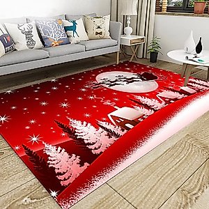 Red Christmas Area Rugs for Living Room Bedroom Doormat Non-Slip Xmas Night Stars Sled Elk Deer Pines Carpet 35x24 inch