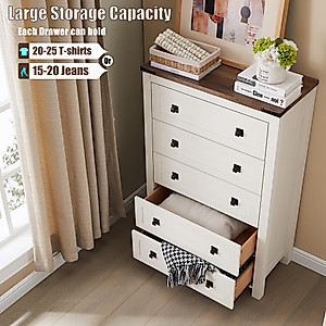 T4TREAM Farmhouse 5 Drawers Dresser Chests for Bedroom, Wood Rustic Tall Chest of Drawers, Dressers Organizer for Bedroom, Living Room, Hallway, Antique White