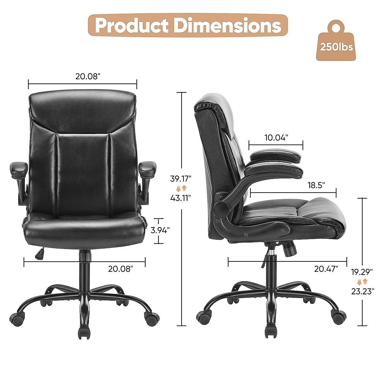 OLIXIS Ergonomic Home Office Desk Chair with Adjustable Flip-up Armrest and PU Leather Low Back Lumbar Support for Adult, Black