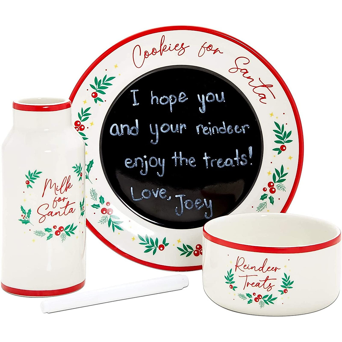 Juvale Cookies for Santa Plate Set with Milk Jar, Reindeer Treat Bowl, Chalk (4 Pieces)