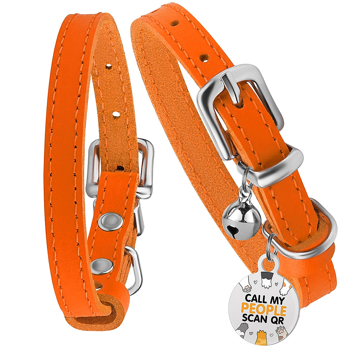 BRONZEDOG Leather Cat Collar with Bell Non Breakaway Kitten QR Tag for Girl Boy (7" - 9" for Cats, Orange & Silver)