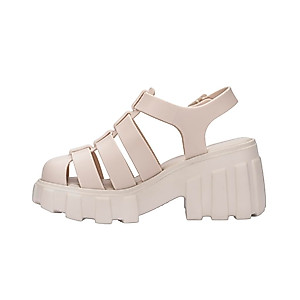 Melissa Megan Platform Jelly Heels for Women - The Iconic Original 90’s Jelly Shoe, Fisherman's Sandal with Chunky, Platform Lug-Sole Heel and Adjustable Strap and Side Buckle, Beige, 7