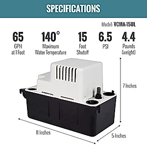 Little Giant VCMA-15UL 115 Volt, 65 GPH, 1/50 HP Automatic Condensate Removal Pump (no safety switch), Black/White, 554401