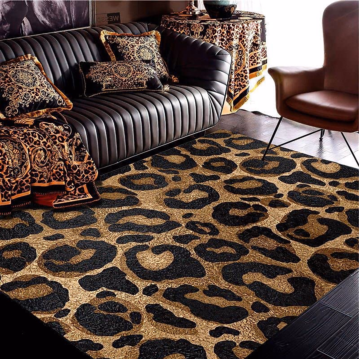 QINYUN Fashion Beautiful Style Area Rug, Leopard Print Light Luxury Living Room Rug, Home Decor Rug Soft and Durable Easy to Clean, Suitable for Bedroom Apartment Office-5ft×7ft