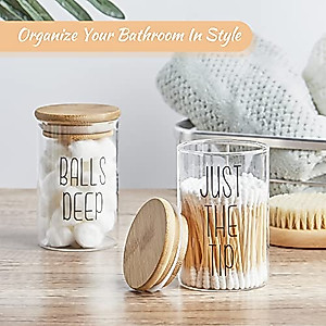 4 Pack Glass Apothecary Jars with Bamboo Lids, Qtip Holder Dispenser Bathroom Canisters Storage Organizer for Cotton Swabs, Pads, Balls and Dental Floss