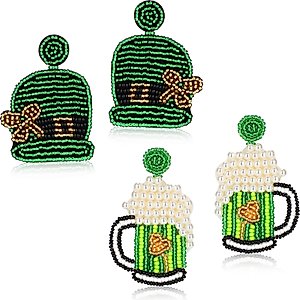 2 Pairs St. Patrick's Day Earrings Beaded Shamrock Hat and Beer Cup Drop Dangle St. Patrick's Day Clover Green Leaf Earring Irish Jewelry Gift for Girl Women Lucky Holiday Party Favors Accessories