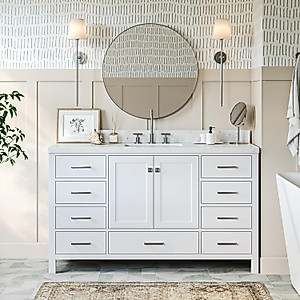 ARIEL Cambridge 60" White Bathroom Vanity, 1.5" Edge Carrara White Quartz Countertop & Splash, Rectangular Sink, 2 Soft Closing Doors, 9 Full Extension Dovetail Drawers, Brushed Nickel