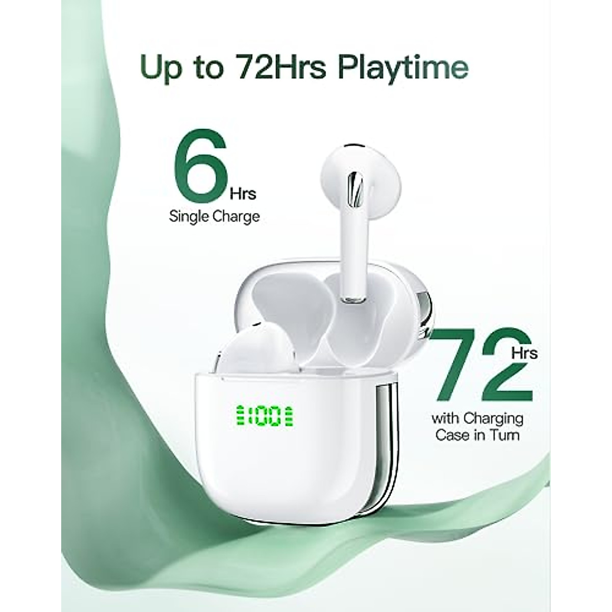 Ear buds 72Hrs Playback Bluetooth Headphones Wireless Earbuds with Dual LED Power Display Charging Case Earphones IPX7 Waterproof Stereo Sound in-Ear Earbud with Mic for Phone Laptop TV Sport White