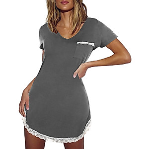 Ekouaer Womens Sexy Lace Trim Soft Sleepshirt Short Slleve V Neck Nightgown Dark Grey XXL